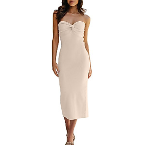 LILLUSORY Women 2025 Summer Spring Corset Bodycon Midi Vacation Sun Dresses Sexy Baby Bridal Shower Wedding Long Maxi Beach Graguation Birthday Party Cocktail Cute Clothes Trendy Outfits Apricot M