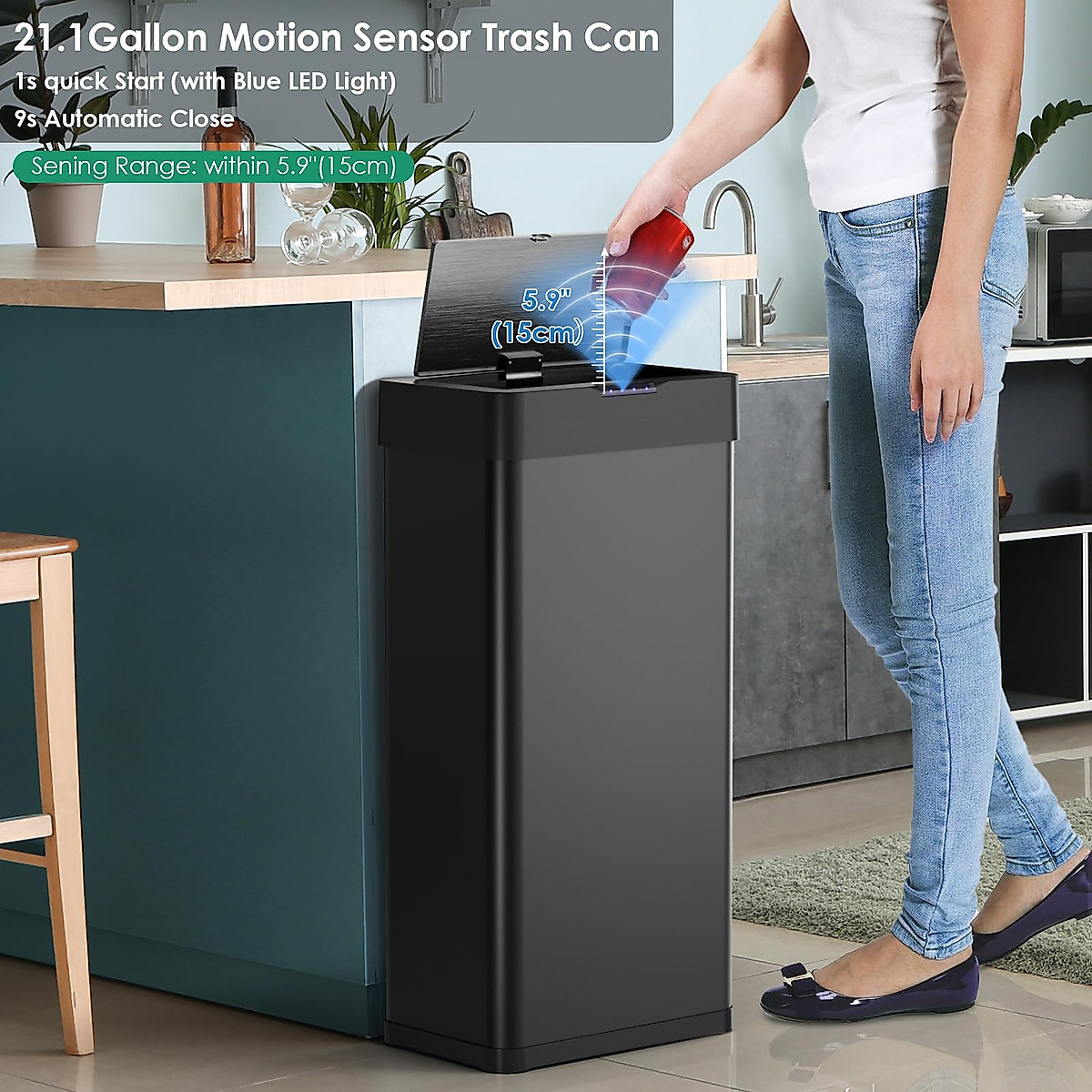 Arlopu Automatic Trash Can,Sensor Motion Stainless Steel Garbage Bin, Touchless Smart Waste Bin, W/Stay-Open, Soft Close Lid, Display Light for Kithchen, Living Room, Office (Black, 21.1gal)