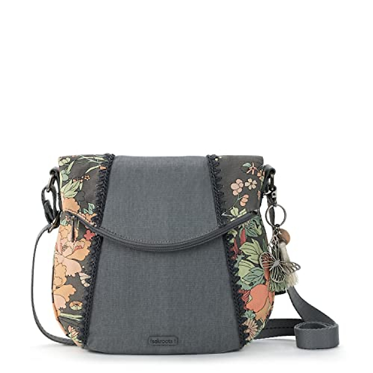 Sakroots Foldover Crossbody Bag in Cotton Canvas, Multifunctional Purse with Adjustable Strap & Zipper Pockets, Charcoal Flower Power