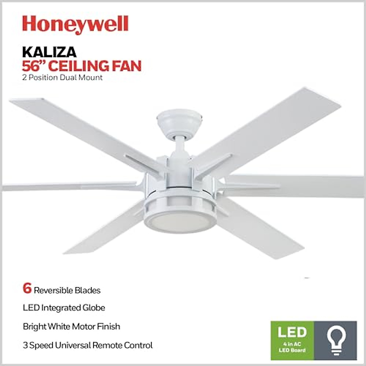Honeywell Ceiling Fans Kaliza Modern 56 Inch Ceiling Fan with Light, Remote Control Fan, LED Indoor Fan with 6 Blades, Gray Wash and White Blade Finish Options, Bright White (51477-01)