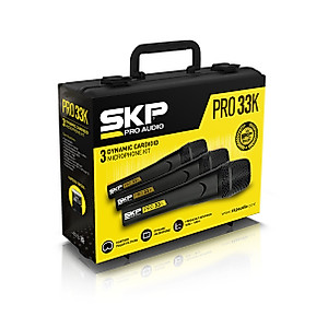 SKP Pro Audio Microphone for Singing, Concerts, Studio and Events - Professional PRO-33K Dynamic Cardioid 3 Microphones Kit - XLR Connectivity - Includes Mic Stand and Accessories