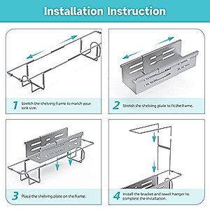 NiHome Adjustable Telescopic Sink Storage Rack - 2-in-1 Stainless Steel Organizer for Kitchen and Bathroom, with Non-Slip Expandable Drain Basket, Sponge Caddy, Dish Cloth and Rag Hanger (Silver)
