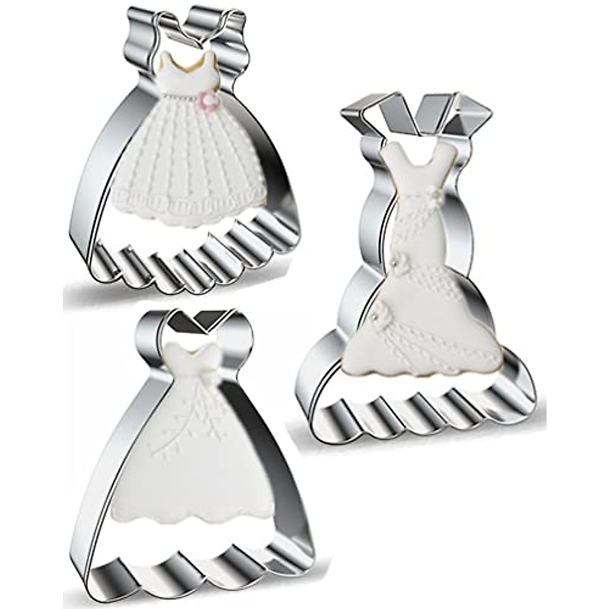 Large Size Dress Shaped Cookie Cutters Set of 3 pcs, Stainless Steel Fondant Cutters: Sleeveless Mermaid Dress 4.7 in 1 pc + Strapless Princess Dress 4.3 in 1 pc + Suspenders Wedding Dress 4.4 in 1 pc