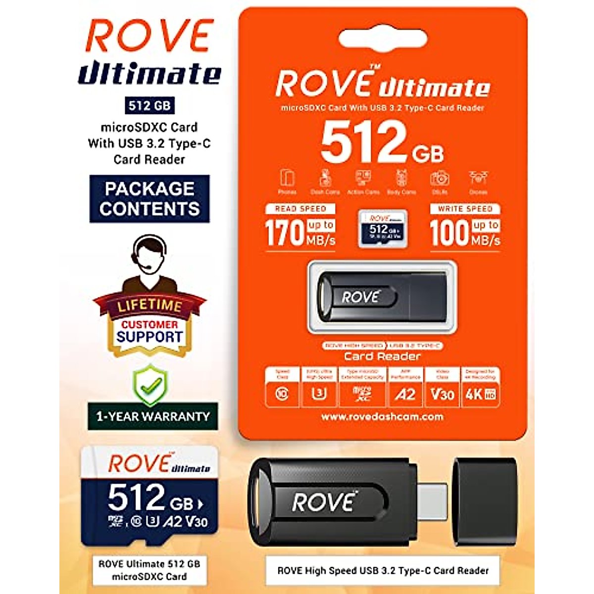 ROVE Ultimate Micro SD Card microSDXC 512GB Memory Card with USB 3.2 Type C Card Reader 170MB/s C10, U3, V30, 4K, A2 for Dash Cam, Android Smart Phones, Tablets, Games