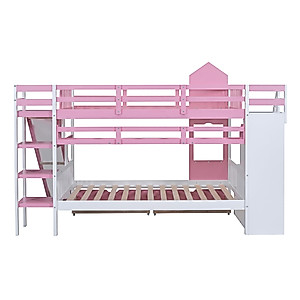 Harper & Bright Designs Full Over Full Bunk Bed with Stairs and Slide, Solid Wood Bunk Bed Frame with Storage Drawers and Bookshelf, for Kids Teens Girls Boys (Pink)