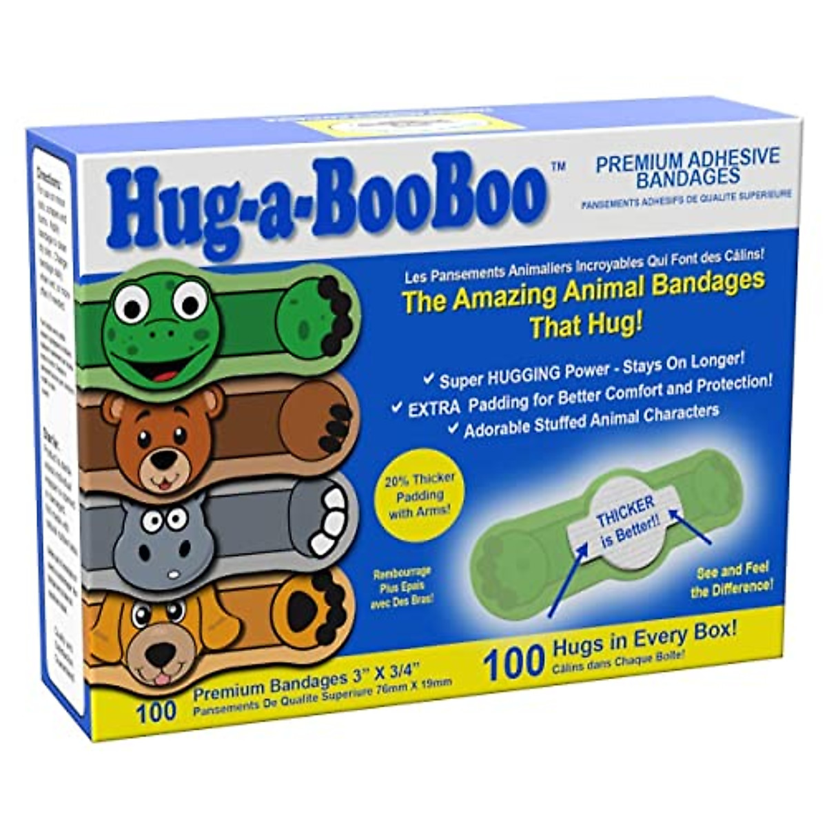 Super Fun Kids Bandages by Hug-a-BooBoo! The Amazing Animal Bandages That Hug! Children’s Favorite Stuffed Animal Designs – Hippo, Puppy, Teddy Bear & Frog! Family Pack Value Assortment -100ct Box