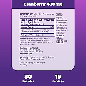 Natrol Cranberry 430 mg per serving, Cranberry Supplement for Womens Health, 30 Capsules, Up to a 15 Day Supply