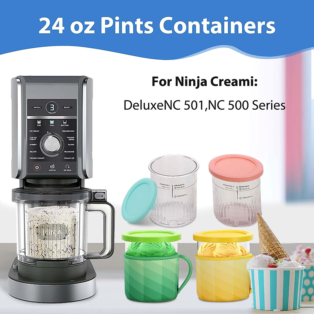 OVRRCSME Deluxe Ice Cream Pints Neoprene Sleeves 4 Pack，Compatible with Ninja Creami NC501 NC500 Series 24oz Ice Cream Maker Containers (24oz 4 Cups+4 Sleeve)