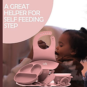 Tiny Tots - Baby Led Weaning Supplies - Feeding Essentials - Baby suction paltes & supplies: Bib, Suction Bowl & Suction Plate, Collapsible Cup, and Utensils - Easy to use feeding set (Pink)