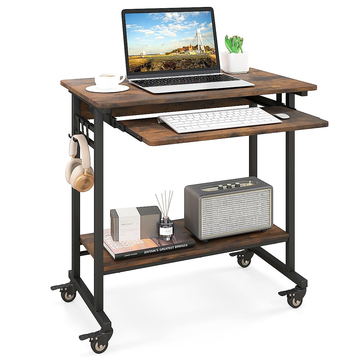Giantex Rolling Computer Desk, Mobile Desk with Keyboard Tray, Portable Laptop PC Desk Cart with Shelf & Hooks, Small Desk with Wheels for Small Spaces, Bedroom, Apartment, Home Office Desk