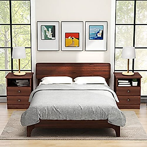 UYIHOME Walnut Nightstand with Storage Drawers and Open Shelf, 2 Drawers End Table with Sturdy Base, Farmhouse Wood Nightstand Bedside Table Sofa-Side Accent Table for Bedroom