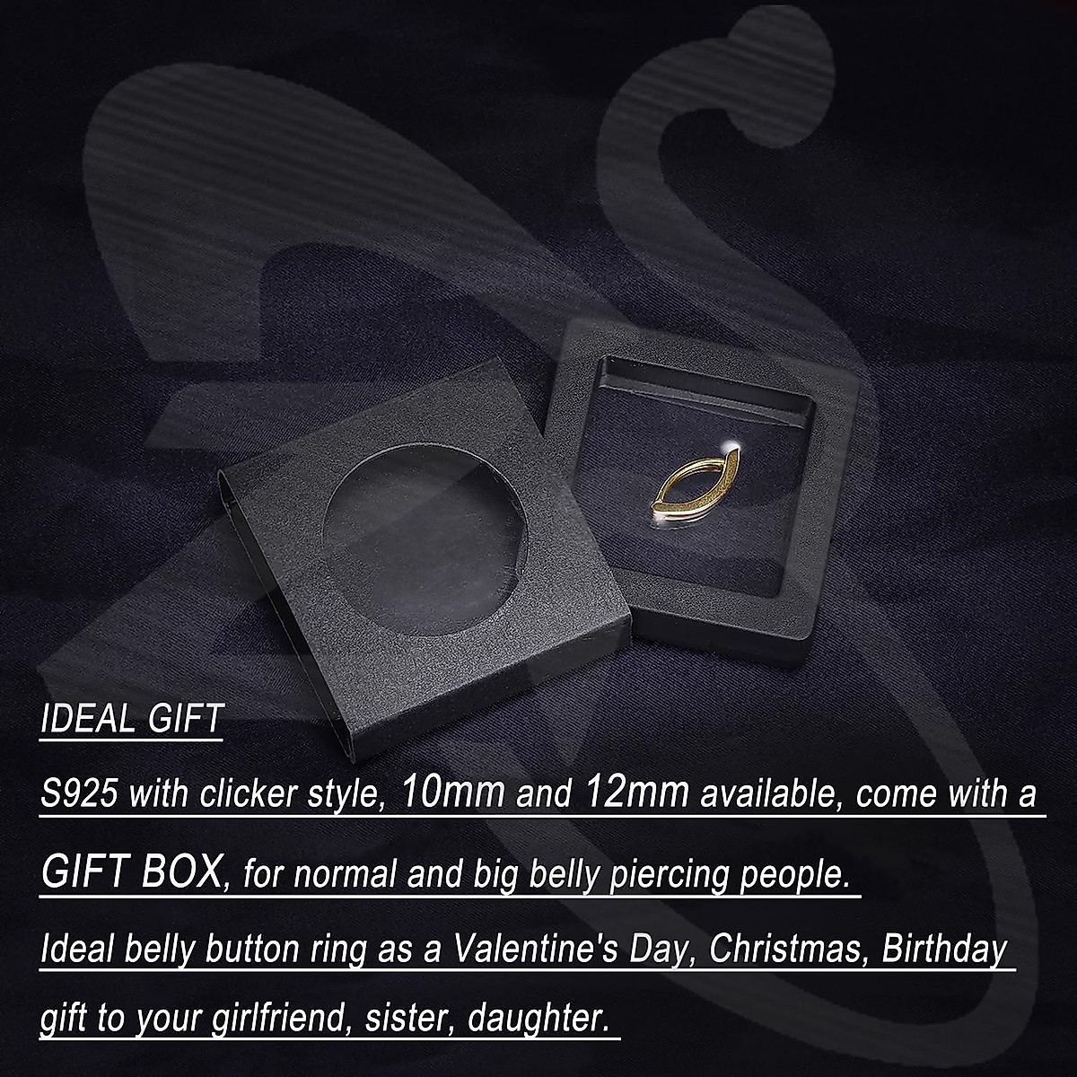 ZS 14G Clicker Belly Button Rings for Women, 925 Sterling Silver Belly Barbell Piercing Gold Reverse Curved Navel Barbell Body Jewelry (10mm)