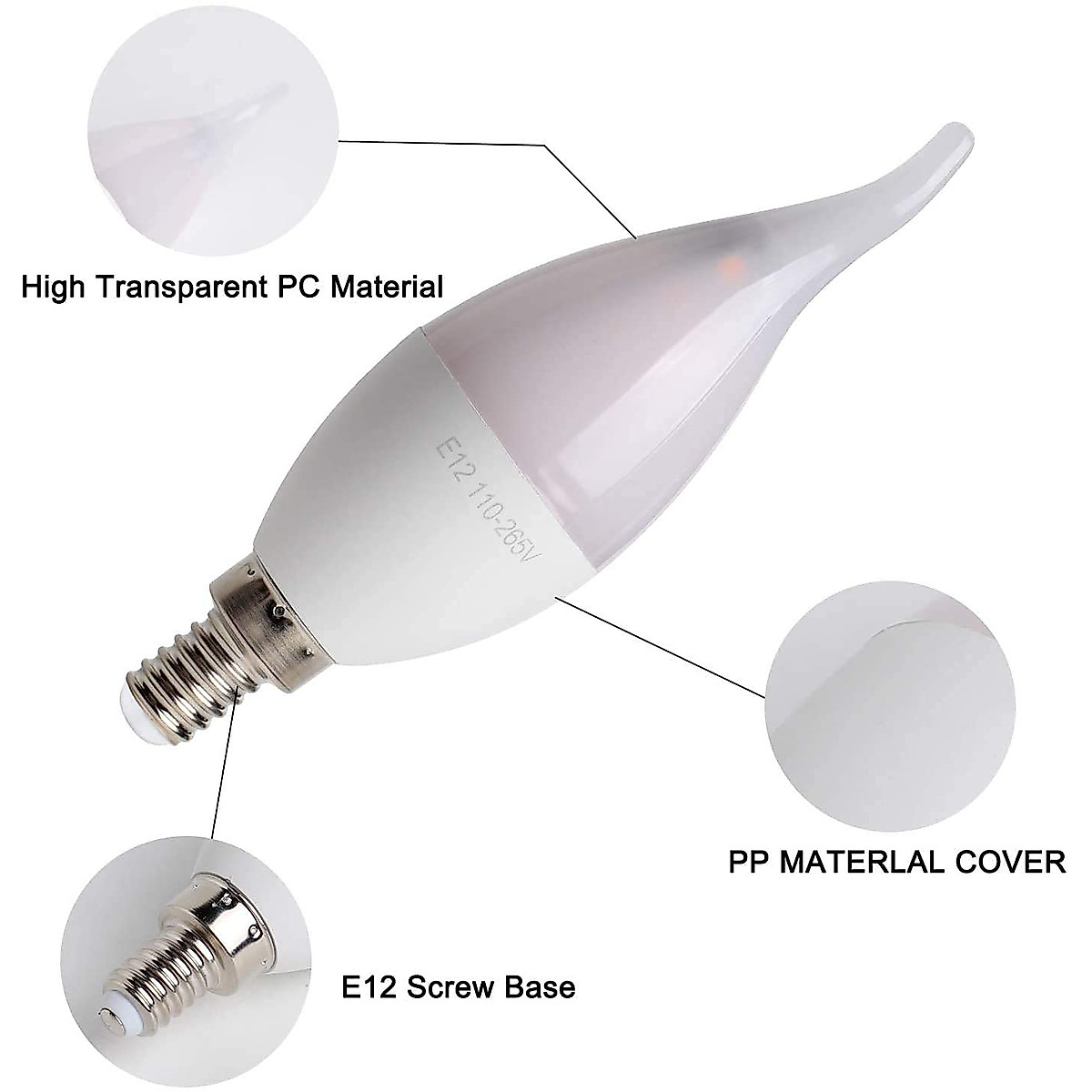 BAILAOYE 6 Pack LED Simulated Fire Flicker Flame Candelabra Bulbs,2W 1800K Warm White Flickering E12 Flame Effect Light,3 Lighting Modes Emulation, General, Breathing for Indoor and Outdoor Decoration