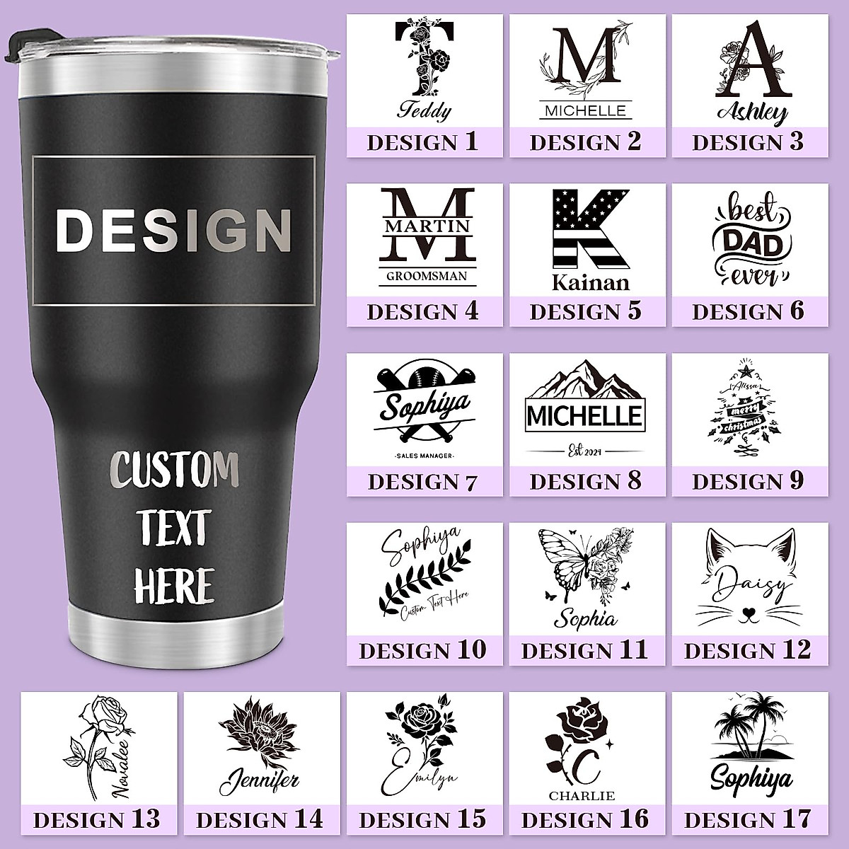 Personalized Tumbler with Names Text - Custom Stainless Steel Insulated Tumblers Personalized 30 Oz Coffee Tumbler with Engraving Name - Personalized Christmas Birthday Gifts for Women Men, 25 Designs