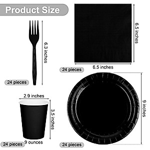 ADXCO Black Party Supplies Disposable Black Party Decorations 9 Inch Black Paper Plates Paper Cups Napkins Folks Serves 24 for Birthday Wedding Holiday Decorations