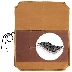 Chef's Knife Case, Heavy Duty 16oz Waxed Canvas Knife Carrier, 4 Slots Two-Color Knife Roll with Specialized Cut-Proof Cloth, Khaki & Brown (21.5"L x 17.5"W)