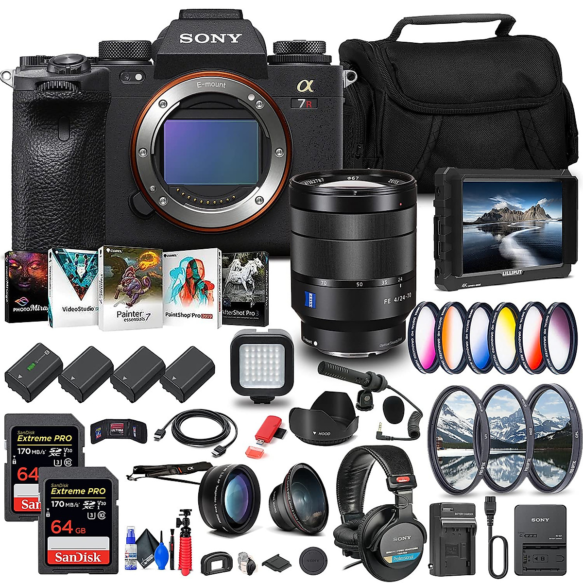 Sony Alpha a7R IIIA Mirrorless Digital Camera (Body) (ILCE7RM3A/B) + Sony FE 24-70mm f/4 Lens + 4K Monitor + Pro Headphones + Pro Mic + 2 x 64GB Card + Corel Photo Software + Case + More (Renewed)