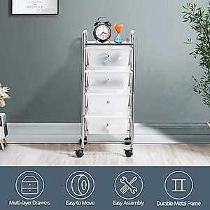 Topeakmart 4 Tier Rolling Storage Cart with Removable Drawers Plastic Trolley Organizer craft cart organizer with drawers 360 Castor Wheels Cart, White
