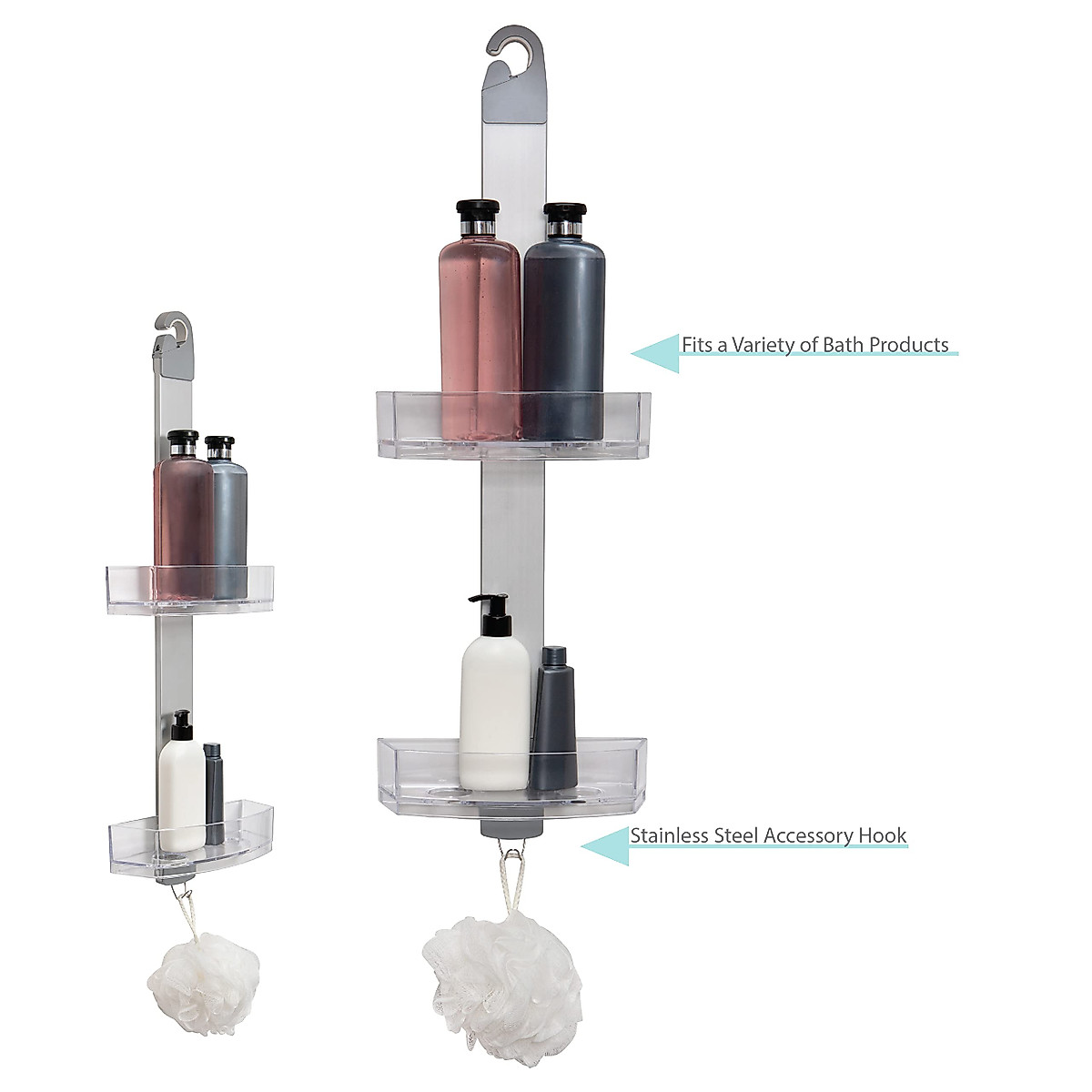 Bath Bliss Adjustable Aluminum 2 Tier Hanging Shower Caddy | Large | Bathroom Storage | Good for Shampoo, Soaps, Razors, Wash Cloths | Rust Proof | Silver