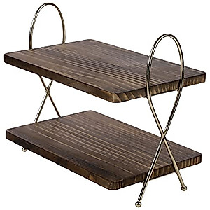 MyGift 2 Tier Burnt Wood and Brass Metal Server Cupcake Holder Stand, Dessert and Appetizer Tower, Buffet Serving Riser Display