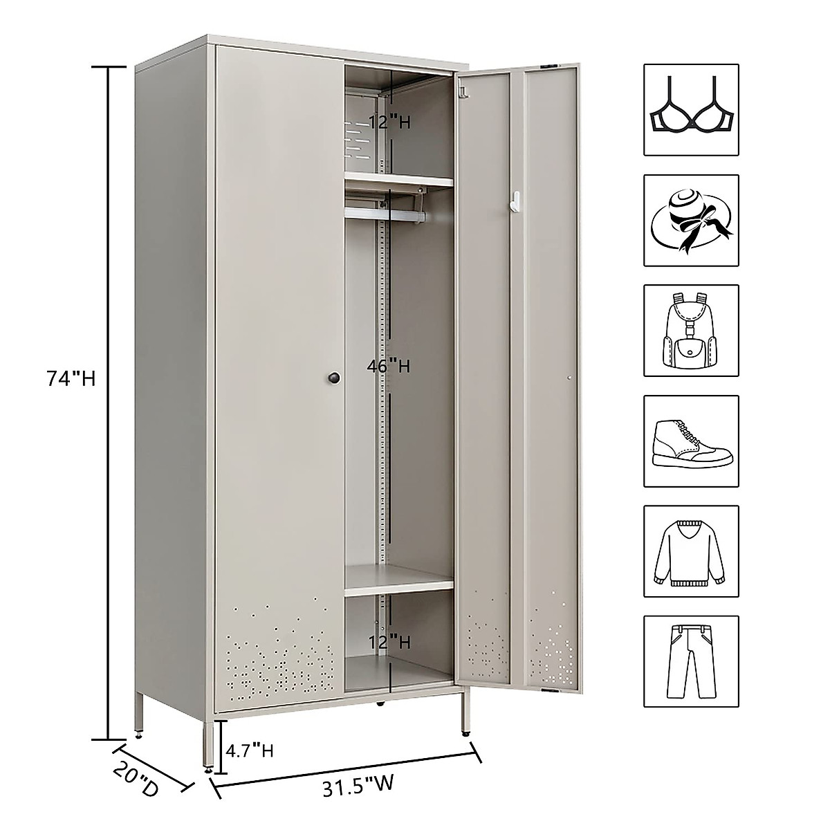 CJF Metal Storage Cabinet, Wardrobe Armoire Closet with Hanging Rod for Bedroom/Laundry Room