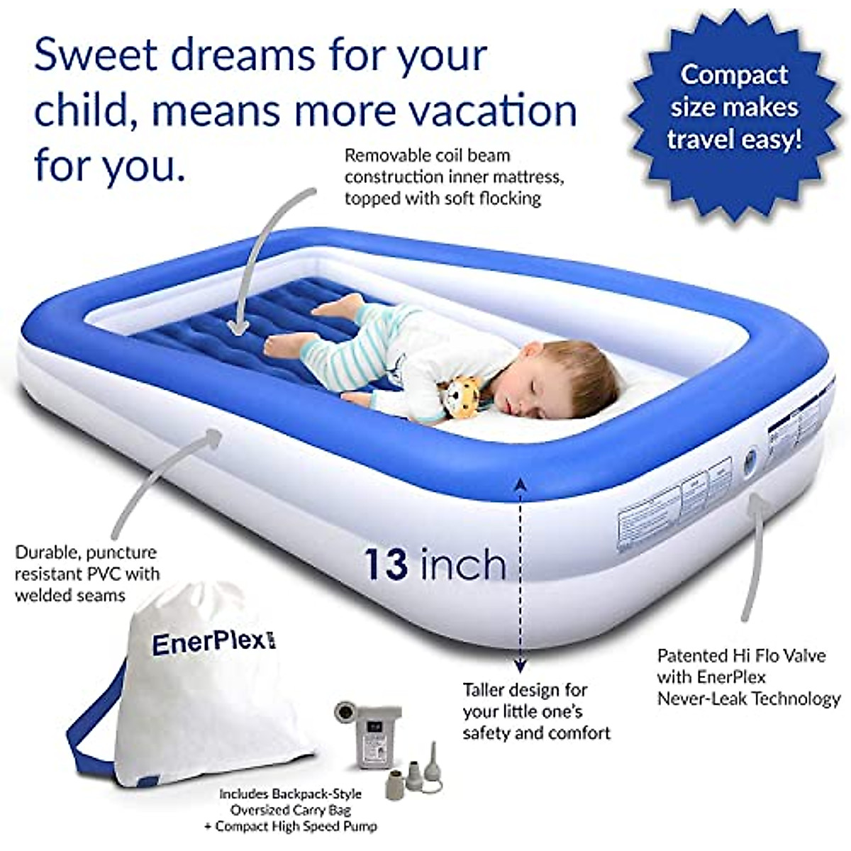 EnerPlex Kids Inflatable Travel Bed with High Speed Pump, Portable Blow up Toddler Air Mattress with Sides – Built-in Safety Bumper - Blue