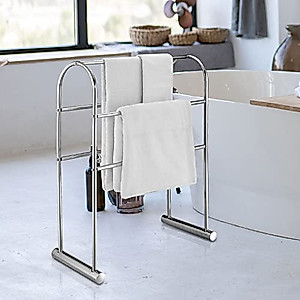 MyGift 32 Inch Silver Chrome Plated Metal Freestanding Bathroom Towel Holder Stand with Arched Design with 2 Tier Bar, Laundry Room Towel Drying Rack