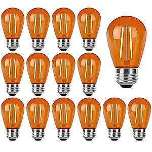 15 Pack Orange LED Bulb S14 Replacement LED Light Bulbs 2W Plastic Shatterproof LED Night Bulb E26 Base Orange String Lights Waterproof Vintage Bulb for Halloween Christmas Wedding Party Patio, Orange