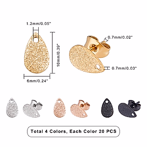 UNICRAFTALE About 80pcs Vacuum Plating 304 Stainless Steel Hypoallergenic Stud Earring Findings,Neutral Style with Texture, Teardrop Shape, 4 Color Mixed Earring Set