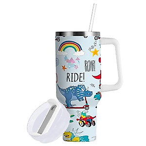 RPLIFE Playful Dinosaurs 40 Oz Tumbler with Handle and Straw, Stainless Steel Water Bottle with Straw, Coffee Tumbler for Women