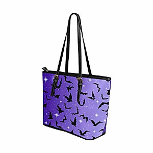 InterestPrint Bats Stars On Purple Women Tote Bags Top Handle Satchel Handbags PU Faux Leather Tassel Shoulder Purse
