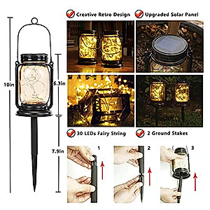 Solar Mason Jar Lantern, 2 Pack 30 LED Hanging Solar Mason Jar Lights Outdoor Retro Waterproof Fairy Lights with Stakes for Garden, Lawn, Patio, Yard, Pathway (2 Pack)