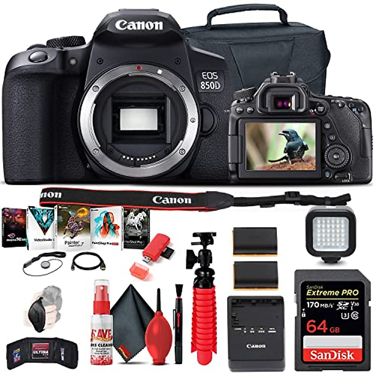 Canon EOS Rebel 850D / T8i DSLR Camera (Body Only) + 64GB Card + Case + Corel Photo Software + 2 x LPE17 Battery + Charger + Card Reader + LED Light + Flex Tripod + More (Renewed)