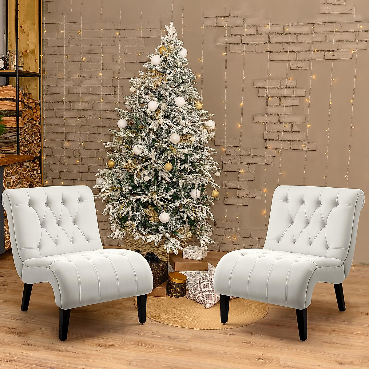 AVAWING Armless Accent Chair Set of 2, Upholstered Button Tufted Living Room Chairs with Wood Legs, Comfy Frosted Velvet Lounge Chair Reading Chair for Bedroom, Cream White