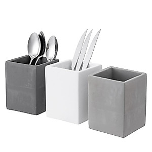MyGift Deluxe Modern Gray Monochrome Concrete Kitchen Dining Utensil Holders - Cooking Tools and Accessories Storage Organizer Crocks, Set of 3