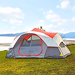 Outbound 8 Person 3 Season Lightweight Easy Set Up Dome Camping Tent with Room Divider, Heavy Duty Rainfly, Tent Stakes, and Carrying Bag, Red/Gray