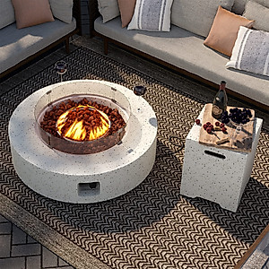 SUNBURY Outdoor 41 Inch Propane Fire Pit Table, 50,000 BTU Spotted White Patio Gas Fire Table w Glass Wind Guard, Tank Table, Lava Rocks
