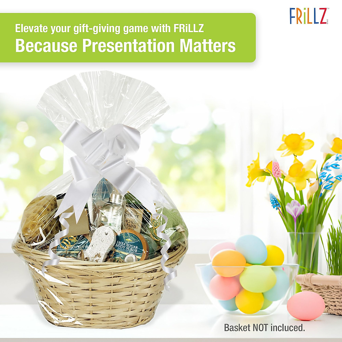 FRILLZ Cellophane Gift Basket Supply Kit, Includes 4 Clear Basket Bags, 4 Easy-pull Bows,4 gift tags and 24 adhesive dots. Create 4 elegant gift baskets with this kit.