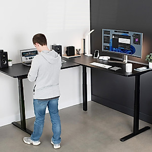 VIVO Electric Height Adjustable 77 x 71 inch Corner Stand Up Desk, 2 Black 30 inch Deep Table Tops, Black Frame, Memory Controller, L-Shaped Standing Workstation, DESK-KIT-3E7B