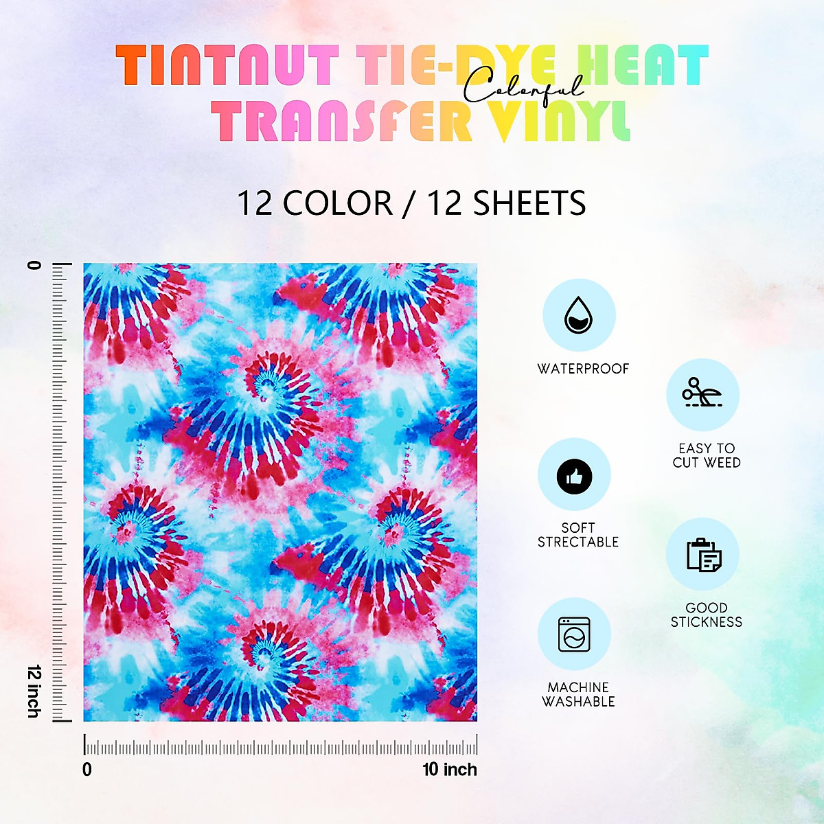 Tintnut Tie dye HTV Heat Transfer Vinyl - 10x12 Inch 12 Sheets Bundle Watercolor HTV Iron on Vinyl Seamless Colorful Swirl Patterned HTV for Tshirts DIY Compatible with Cricut or Silhouette Cameo