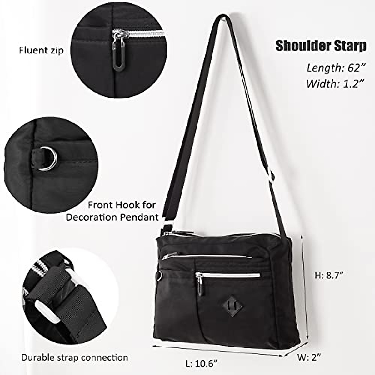 Medium Crossbody Purse Bag with Inside Key Hook Shoulder Bag for Everyday Travel Waterproof Nylon (Black)