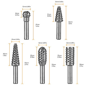 Hoteche Rotary Burr Set 5-Piece 1/4" Shank Carving Engraving Drill Bits Universal Fitment Rotary Tool Rasp Bits for Wood and Plastic Fit with Dremel, Dewalt