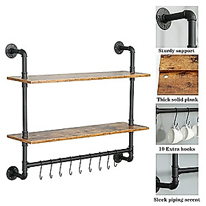 MAIKAILUN Industrial Pipe Shelving, Iron Pipe Shelves Bathroom Shelves with Towel bar, Rustic Metal Pipe Floating Shelves, Pipe Shelf Wall Mounted with Hooks for Coffee Bar Kitchen(36" 2Tiers)
