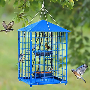 Mealworms Bird Feeders for Bluebirds - Metal - Huge Caged Squirrel-proof Bird Feeders with 2 Cups, DIY Wild Bird Feeders Outdoor Hanging (Blue), Attract Small Birds, 2lbs Seed Capacity+1 Mealworms Cup