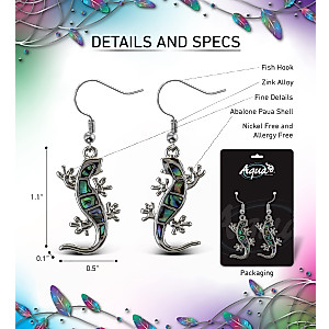 Aqua79 Gecko Earrings Jewelry - Authentic Dangle Hook Earrings Made with Natural Paua Abalone Shell - Unique Colorful Jewel For Women & Teens For Daily, Casual & Formal Occasions