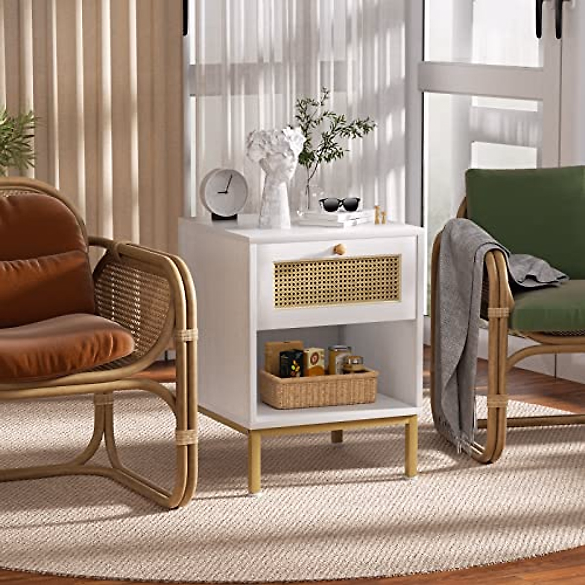 Ecoprsio Nightstands Set of 2 for Bedroom, Boho Bed Side Table with Storage Drawer, Mid-Century Modern Night Stand with Wood Finish and Rattan Drawer, End Table, Sofa Couch Side Table - White