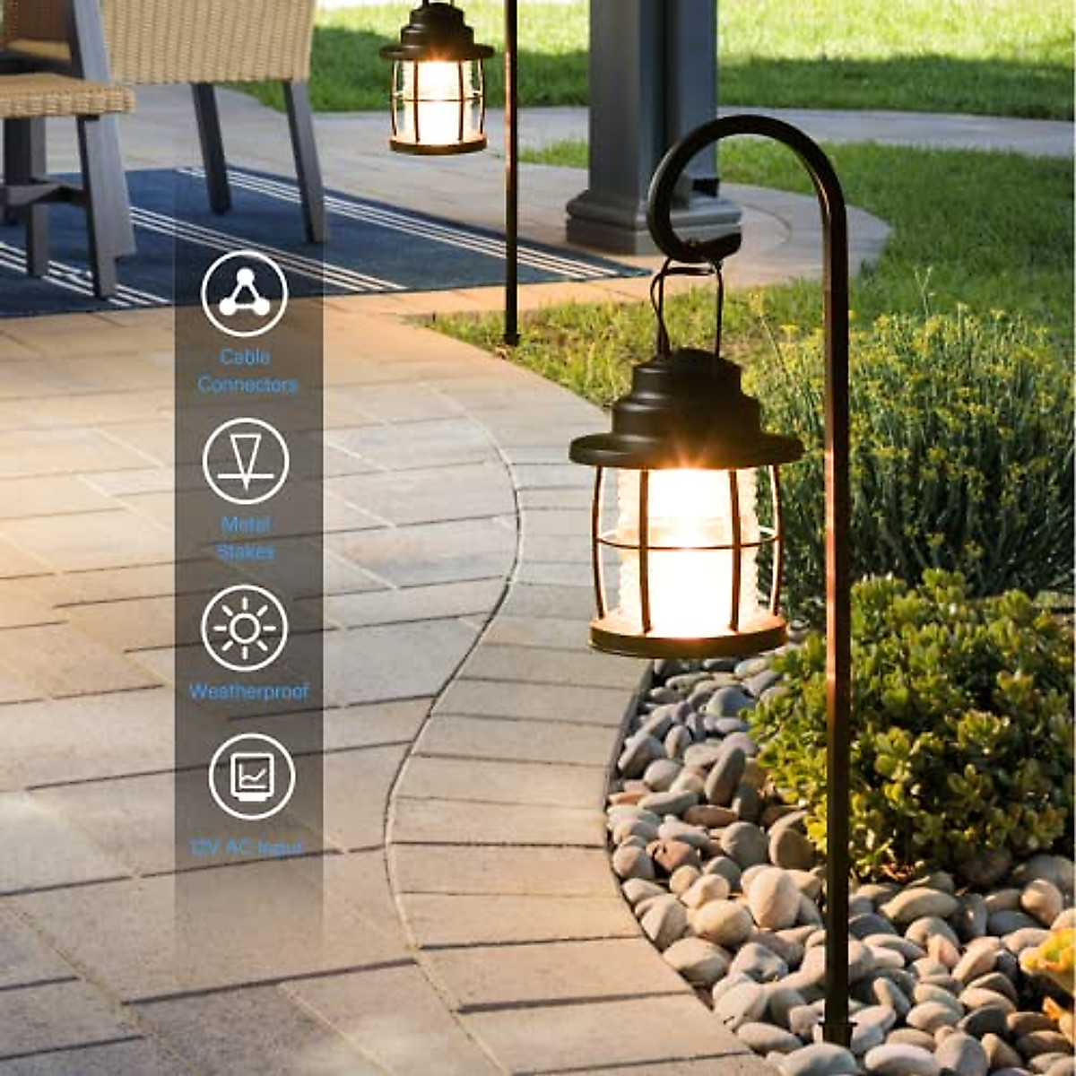 GOODSMANN Landscape Lighting Low Voltage Outdoor 1PK Hanging Path Light 1.1W LED 32 Lumen 2900K Warm White Metal Dual Use Shepherd Hook Pathway Lights Wired 12V AC Sidewalk Light with Cable Connector