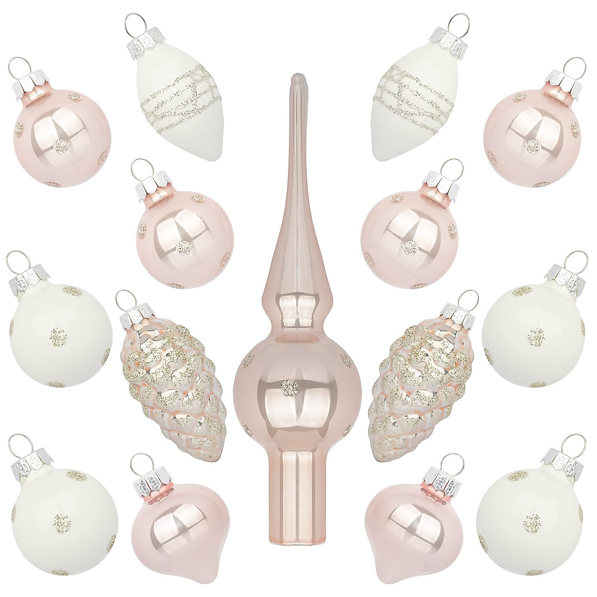 KINGYEE Miniature Ornaments and Tree Topper White and Pink Christmas Mini Glass Tree Decorations Set of 15 for Tabletop Desktop Tree Wedding Centerpiece