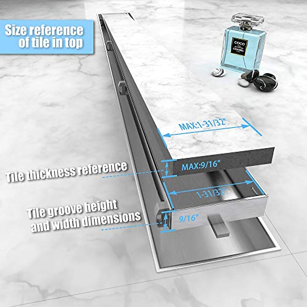 YEFU 2 IN 1 Linear Shower Drain 24-Inch, New type Linear Drains, 304 Stainless Steel Shower Floor Drain with Tile Insert Grate, Adjustable Leveling Feet, Hair Strainer