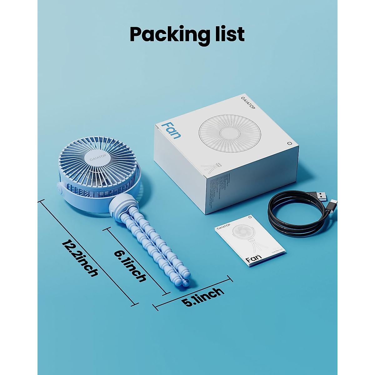 Gaiatop Mini Portable Stroller Fan, Battery Operated Small Clip on, Detachable 3 Speed Rechargeable, 360° Rotate Flexible Tripod Better Cooling for Car Seat Crib Treadmill Travel Blue